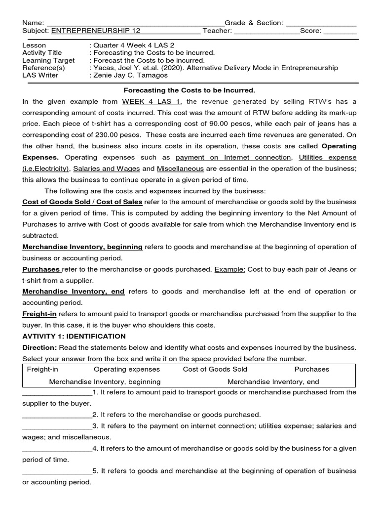 Entrep Week 4 LAS 2 - 071938 | PDF | Business | Teaching Methods ...