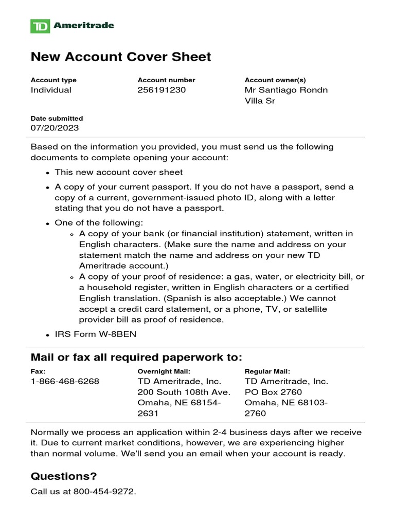 New Account Cover Sheet | PDF