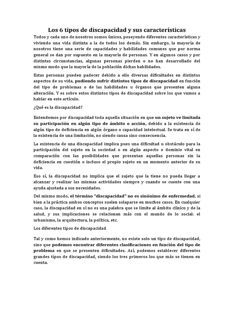 Los 6 Tipos de Discapacidad y Sus Características | PDF | Discapacidad ...
