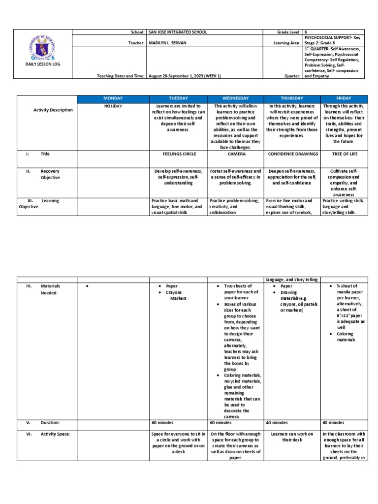 Grade 6 Psychosocial Lesson Plan | PDF | Self Awareness | Learning