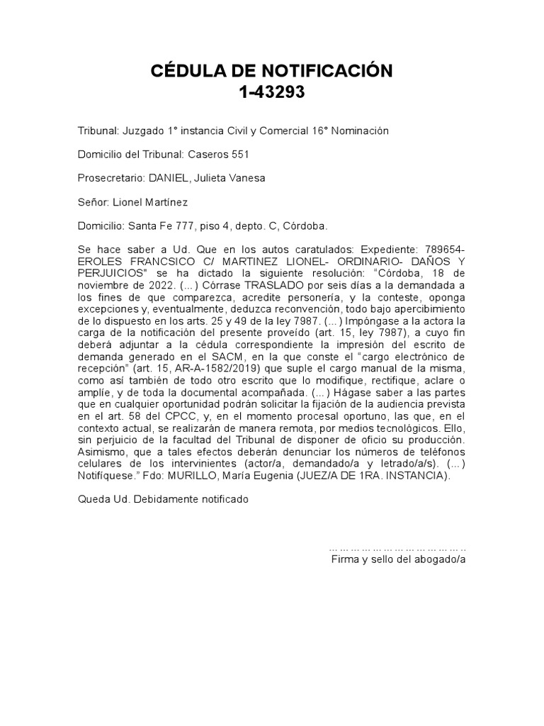 Cédula de Notificación 1 | PDF