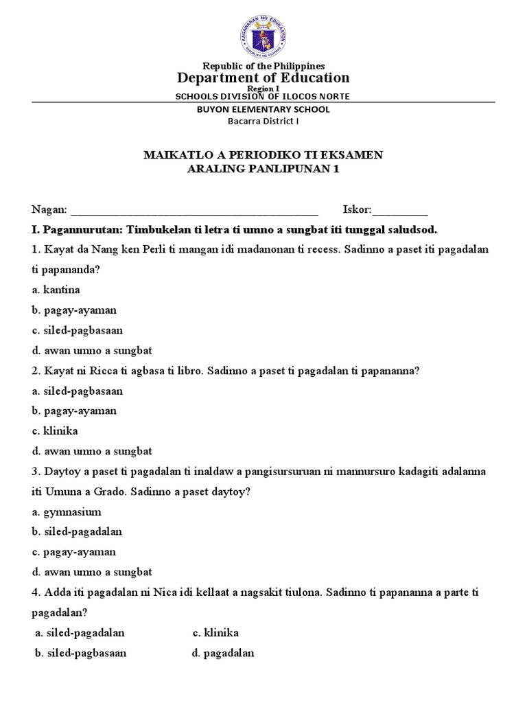 Department of Education: Maikatlo A Periodiko Ti Eksamen Araling ...