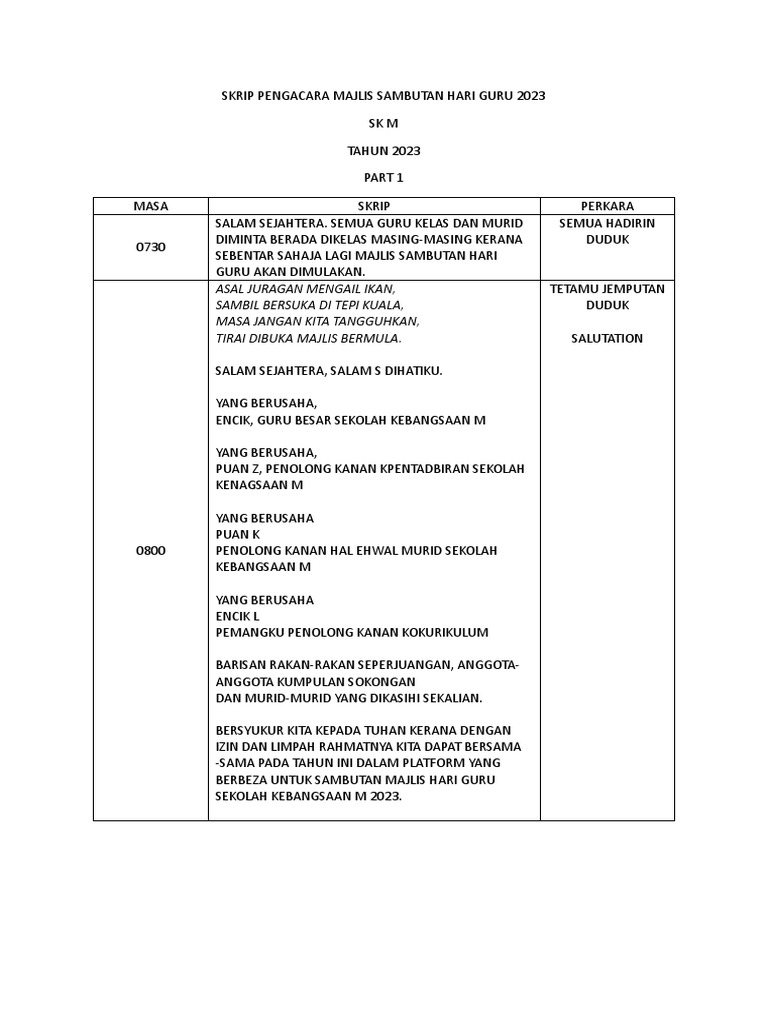Skrip Pengacara Majlis Sambutan Hari Guru 2023 Part 1 | PDF