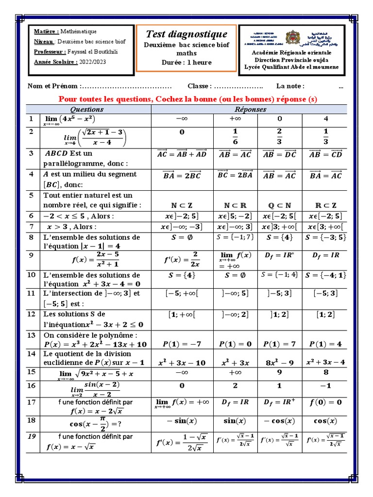 Test Diagnostique Maths 2ème Bac | PDF | Division | Mathématiques