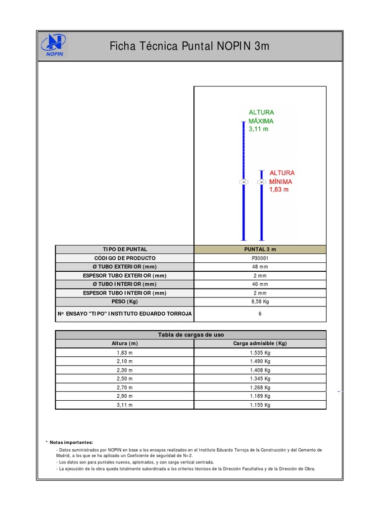 Puntal NOPIN 3m: Especificaciones y Cargas | PDF