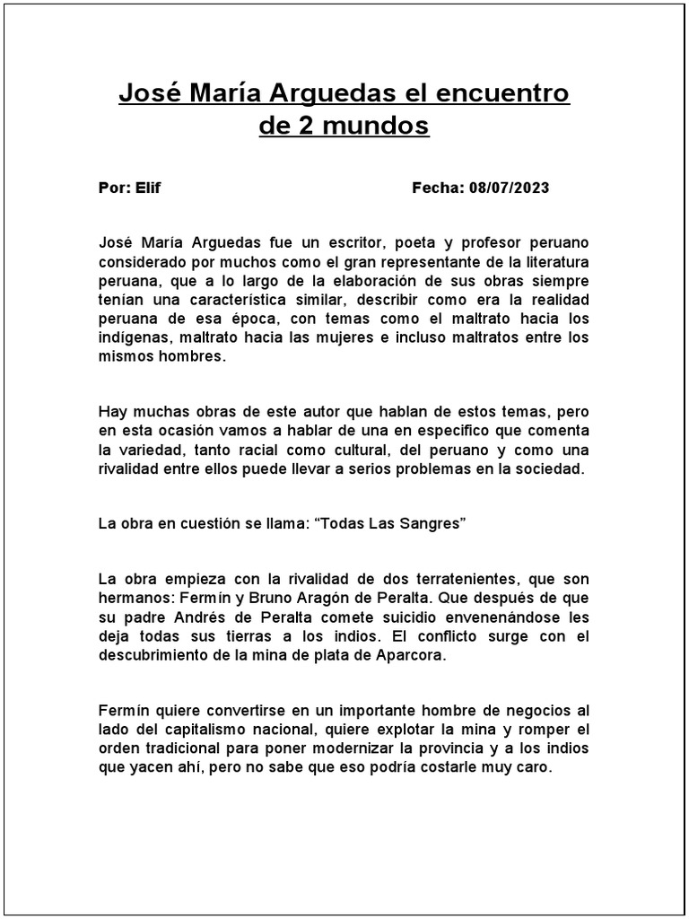 José María Arguedas El Encuentro de 2 Mundos | PDF