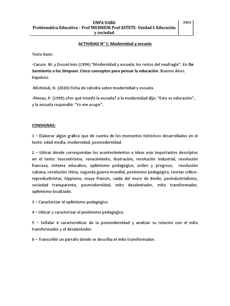 Actividad #1 - PROBLEMATICA EDUCATIVA Prof. Michniuk y Astete | PDF