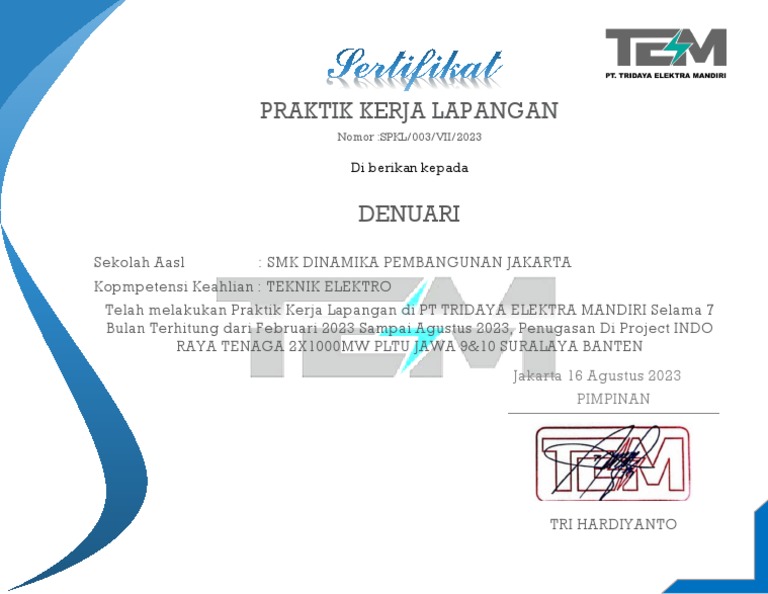 Sertifikat Kerja Praktek PT Tridaya Elektra Mandiri | PDF
