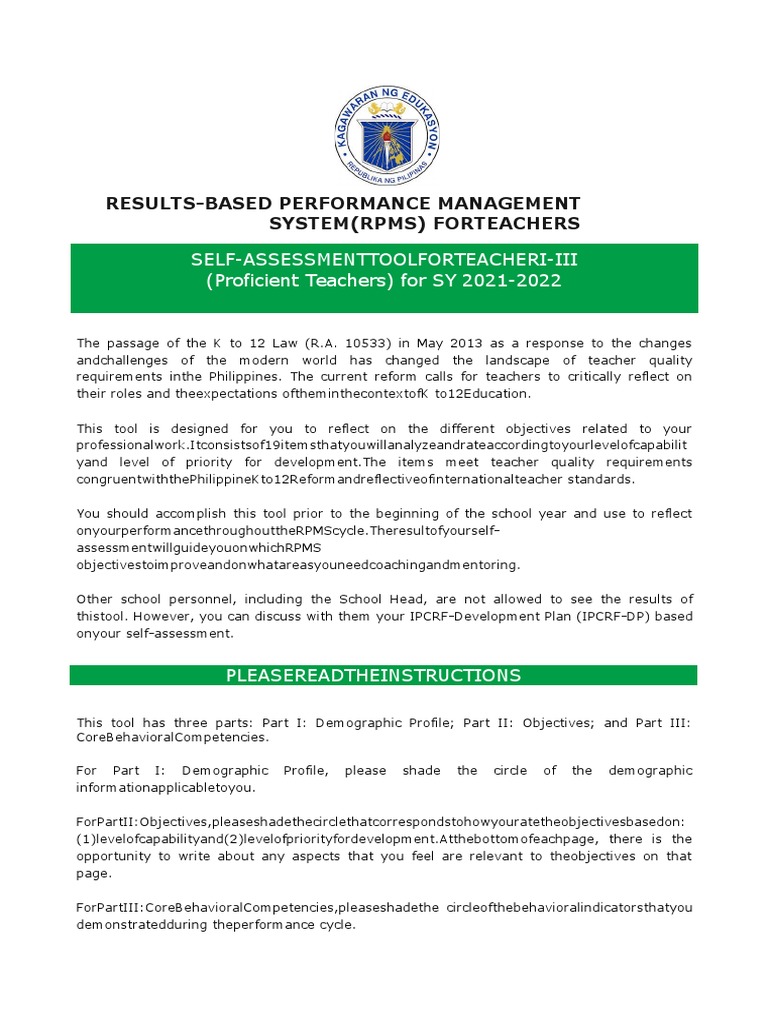 Appendix 5A SAT RPMS For T I III SY 2021 2022 | PDF | Learning ...