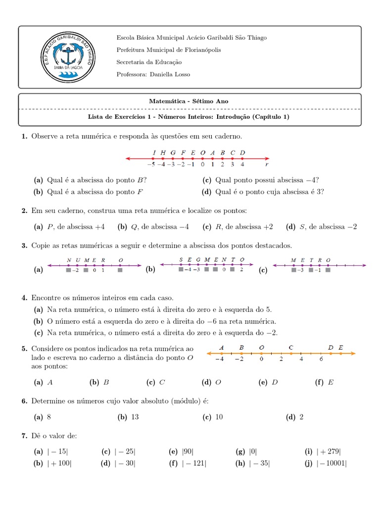 Exercícios de Números Inteiros e Abscissas | PDF | Sistema de ...