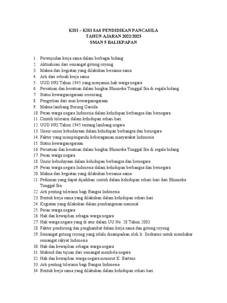 Kisi-Kisi SAS Pendidikan Pancasila - Kelas X Semester Genap 2022-2023 | PDF