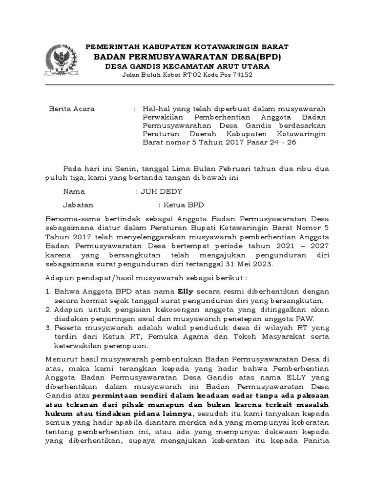 Berita Acara Pemberhentian Anggota BPD | PDF