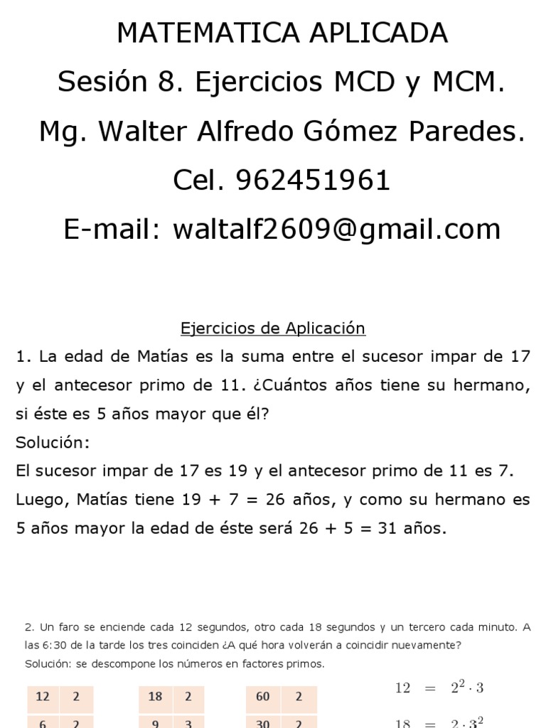 Sesion8 EjerciciosMCD MCM | PDF | Matemática Elemental