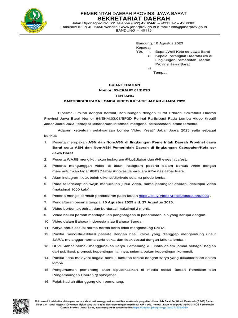 65-EDARAN-SURAT EDARAN SEKDA LOMBA VIDEO KREATIF JABAR 2023 19082023 001847 Signed | PDF