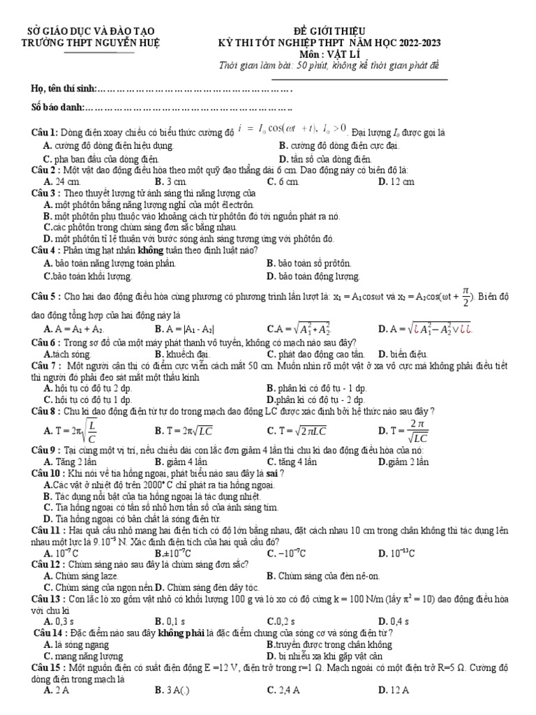 5 - THPT Nguyễn Huệ - Đề - Đáp án Vật lý | PDF
