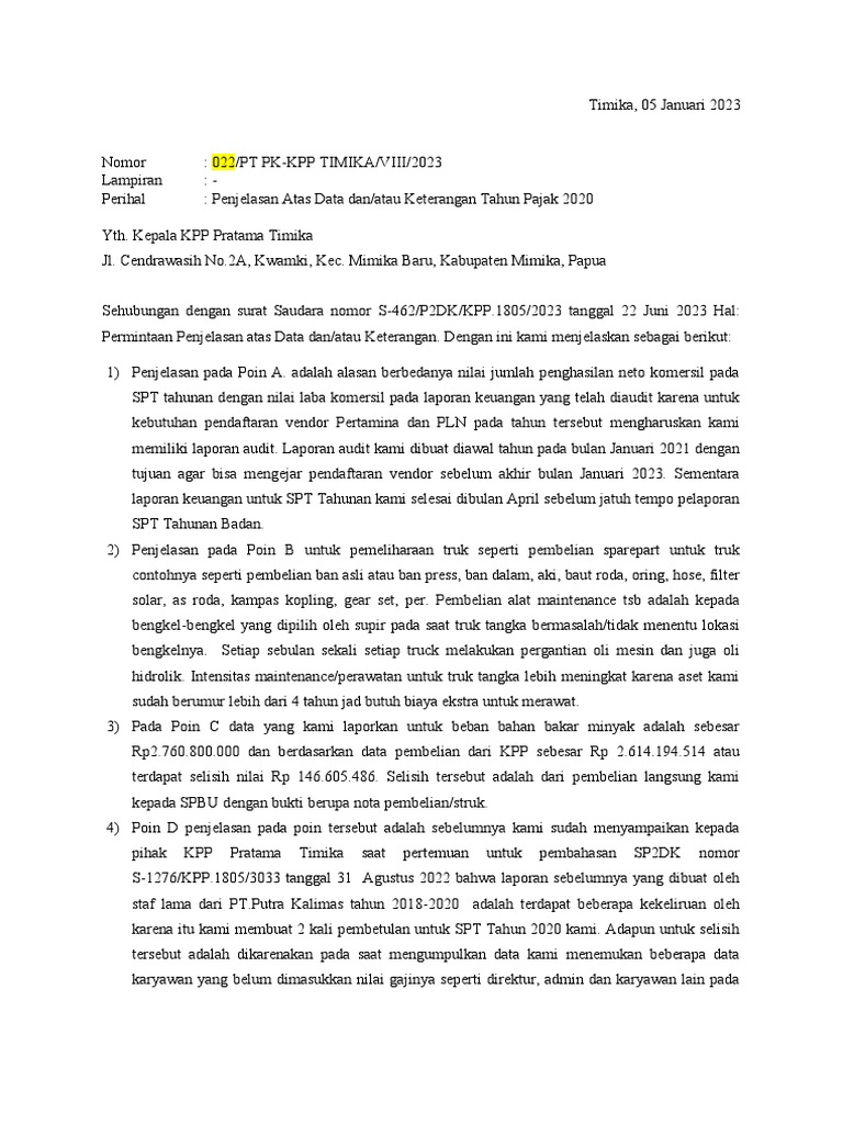Balasan Surat KPP Timika Surat Bulan Juli 2023 462 | PDF