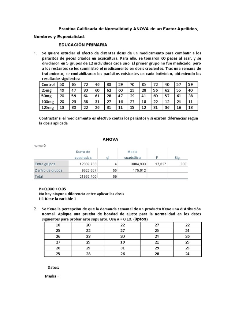 Practica Calificada de Normalidad y ANOVA de Un Factor | PDF