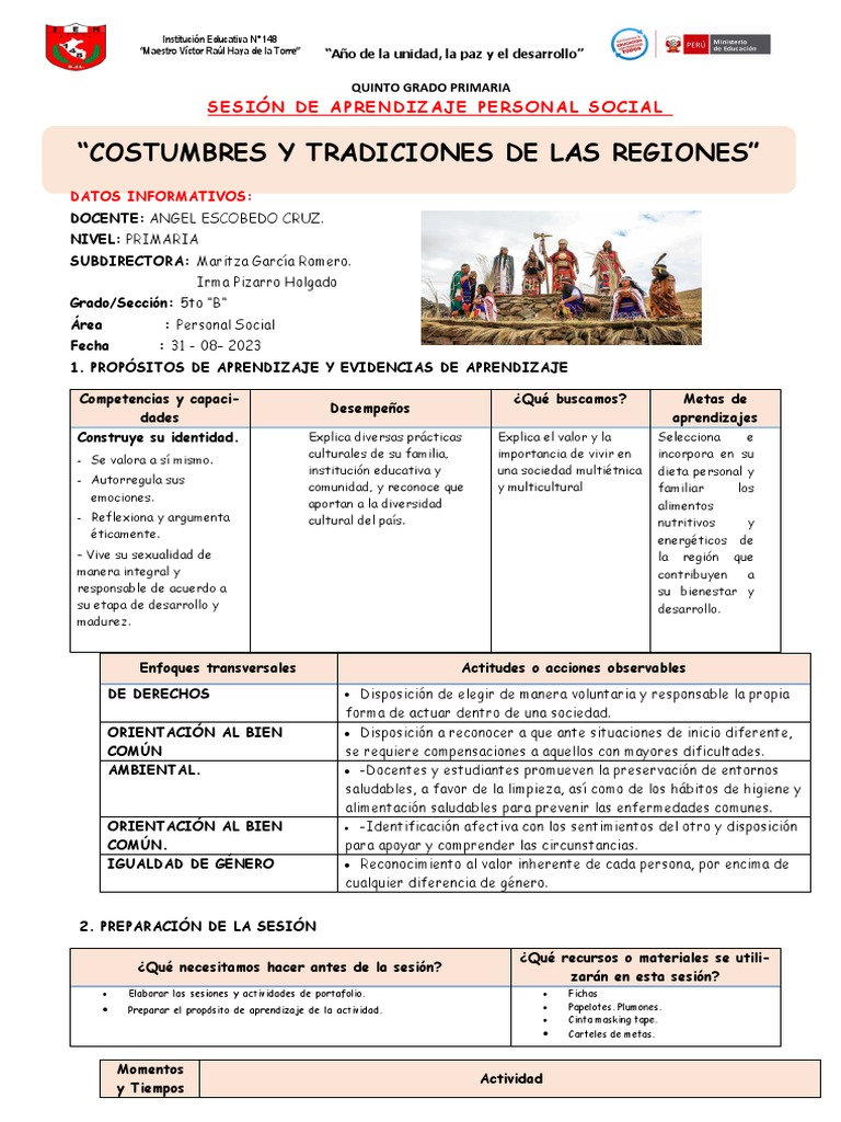Sesion P.S. 2do Costumbres y Tradiciones de Las Regiones | PDF | Perú ...
