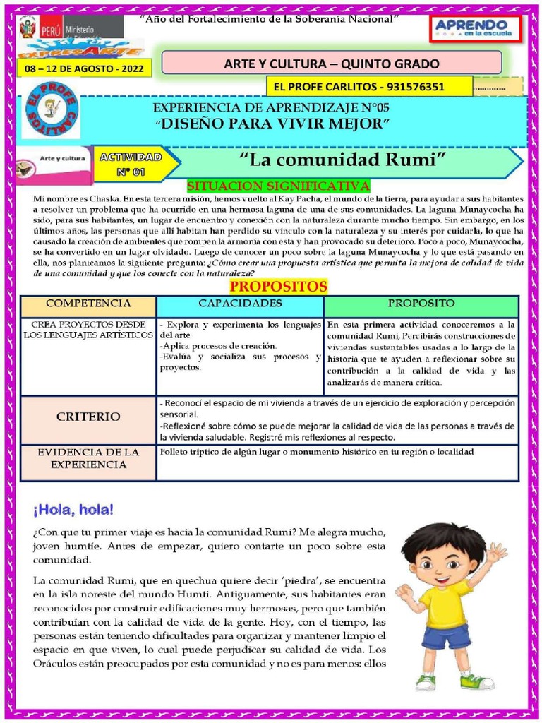 Experiencia de Aprendizaje #05 - Actividad 01 - 5to Grado - Arte y Cultura - 00001 | PDF