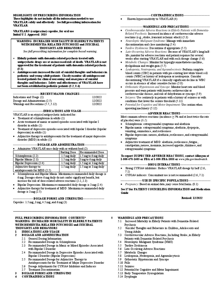 Vraylar Pi | PDF | Antipsychotic | Major Depressive Disorder