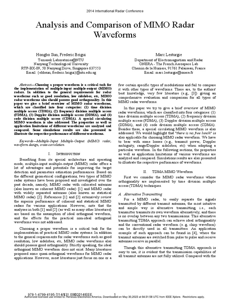 Analysis And Comparison Of Mimo Radar Waveforms Pdf