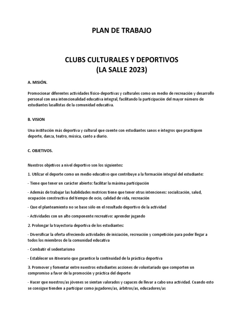 Plan de Trabajo Clubes | PDF