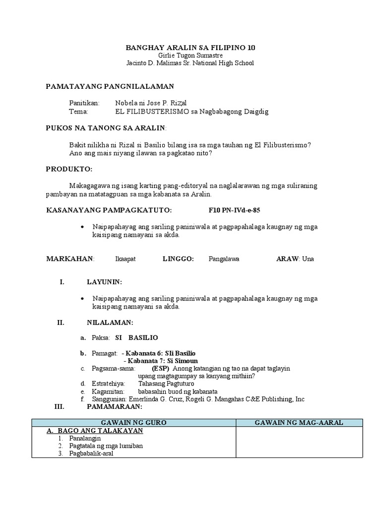 Aralin sa El Filibusterismo: Si Basilio | PDF