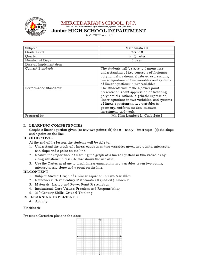 Grade8-Graph of Linear Equations in Two Variables | PDF