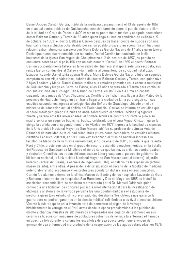 Daniel Alcides Carrión García Mártir de La Medicina Peruana | PDF ...