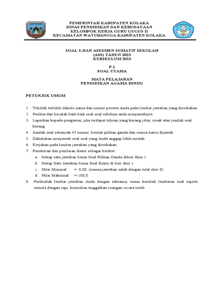 Naskah Soal SD - Pa Hindu - Us 2023 Paket 1 Utama Ok | PDF