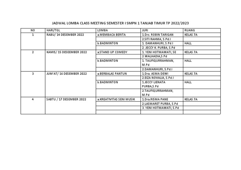 Jadwal Lomba Class Meeting | PDF