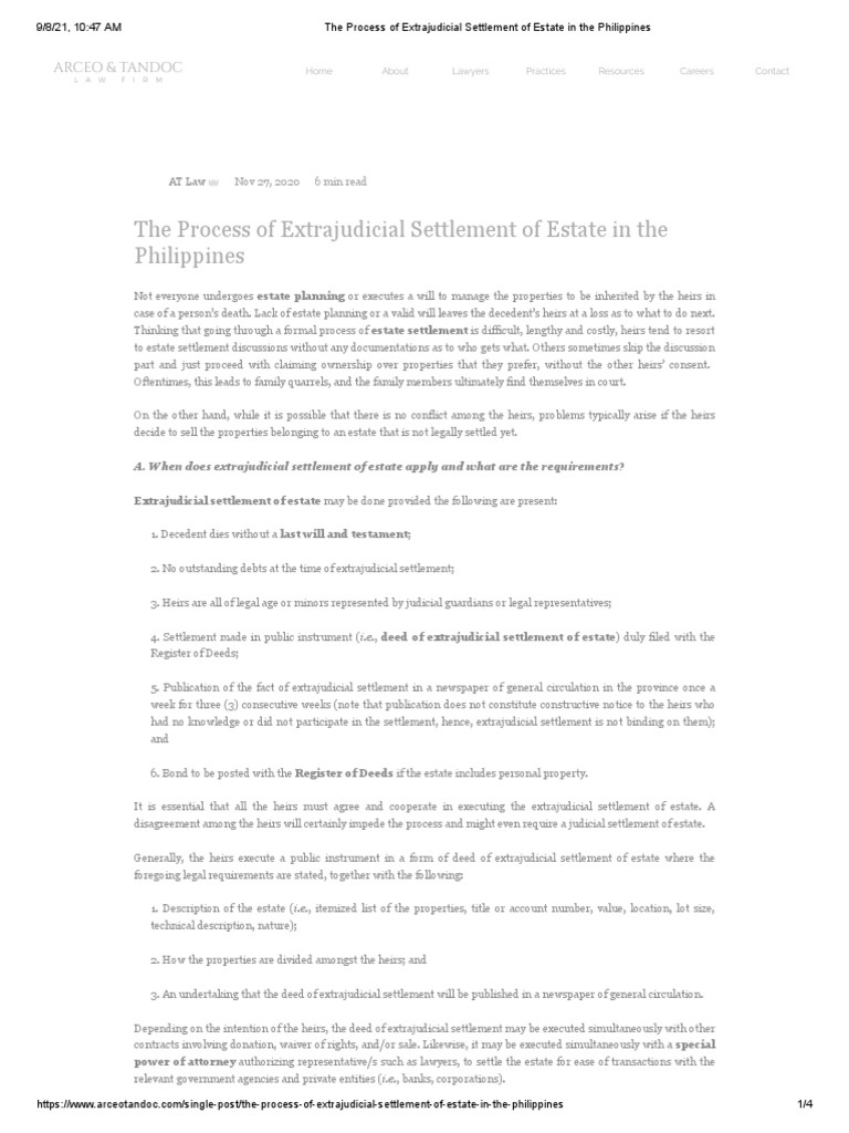 The Process of Extrajudicial Settlement of Estate in The Philippines | PDF