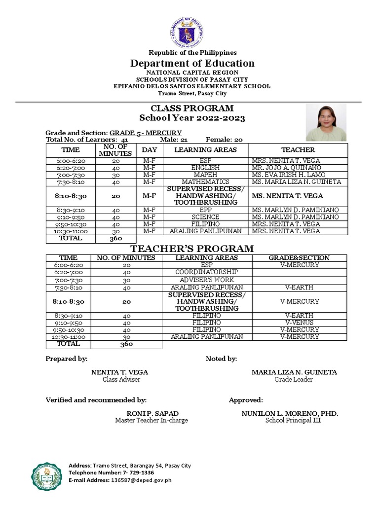 g5 Class Program 2022 2023 Shortened | PDF | Teaching