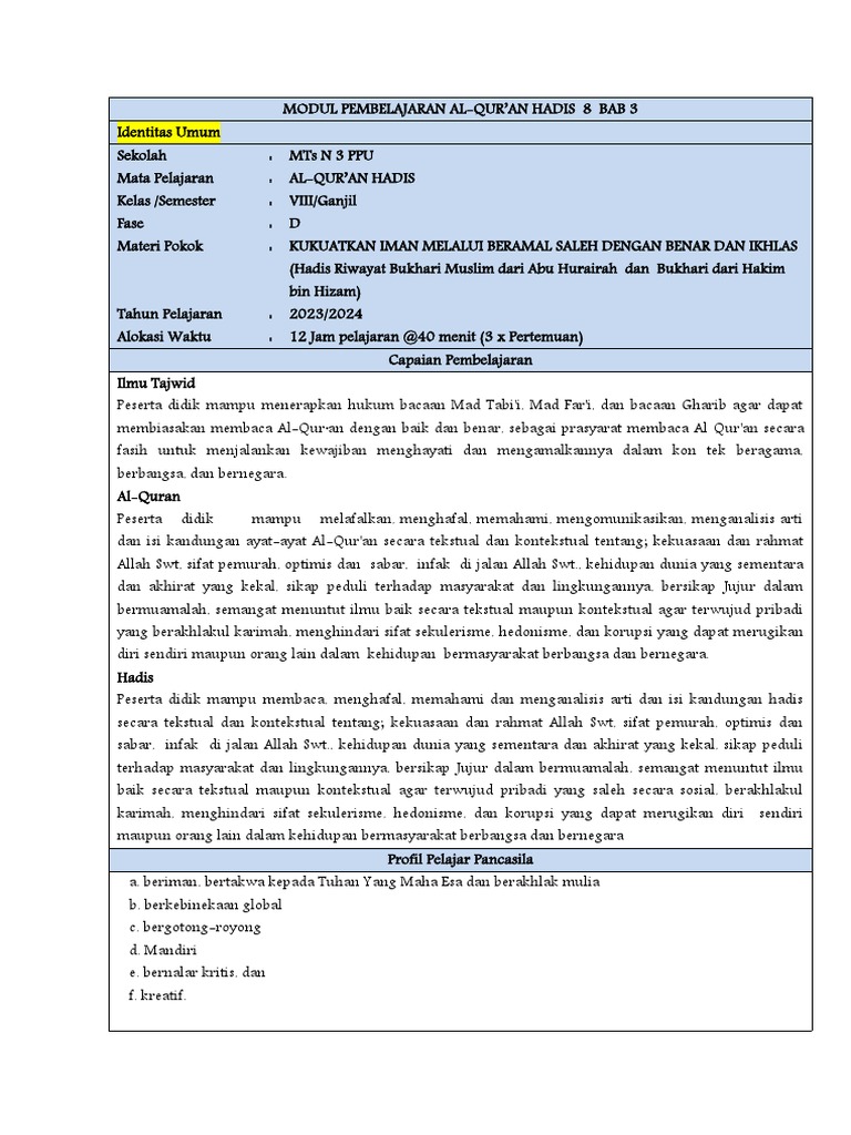 Modul Al-Quran Hadis 8 Bab 3 | PDF