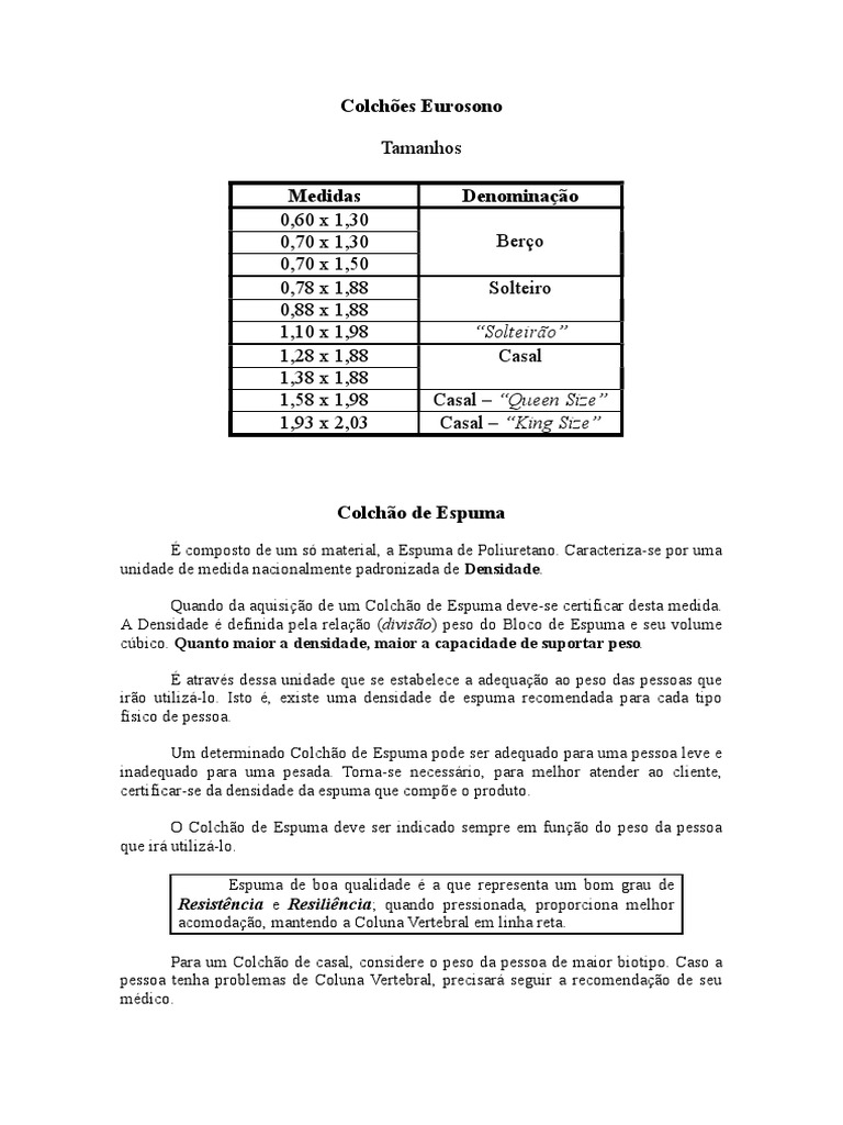 Tabela de Medidas de Colchões Eurosono | PDF | Colchão