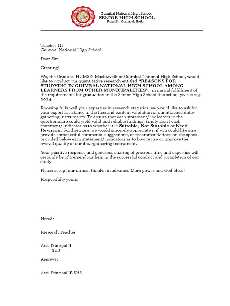 Sample of Letter to the Validators and Respondents | PDF