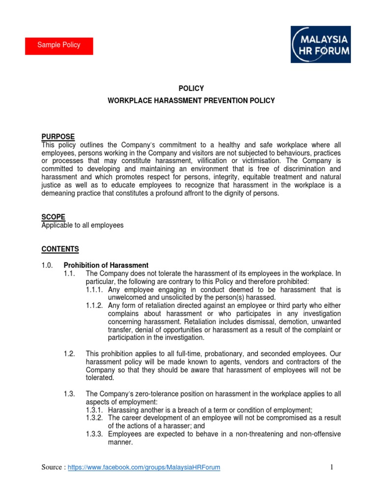 Workplace Harassment Prevention Policy (Sample) | PDF | Sexual ...