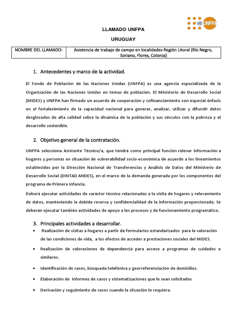 TDR Asistencia Trabajo de Campo Region Litoral Dintad-Mides | PDF | Uruguay