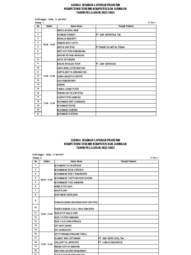Jadwal Seminar Lap .Prakerin (TKJ) | PDF