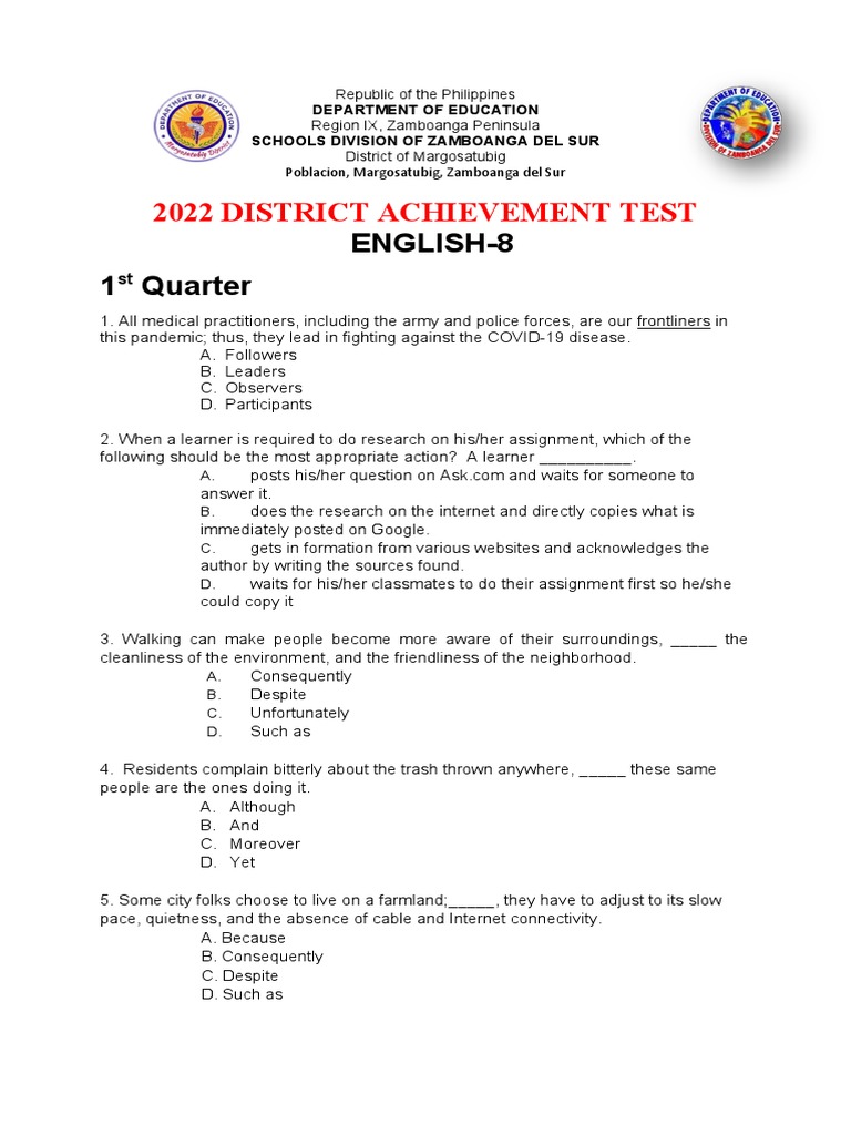 Assessment Test-Grade 8 | PDF