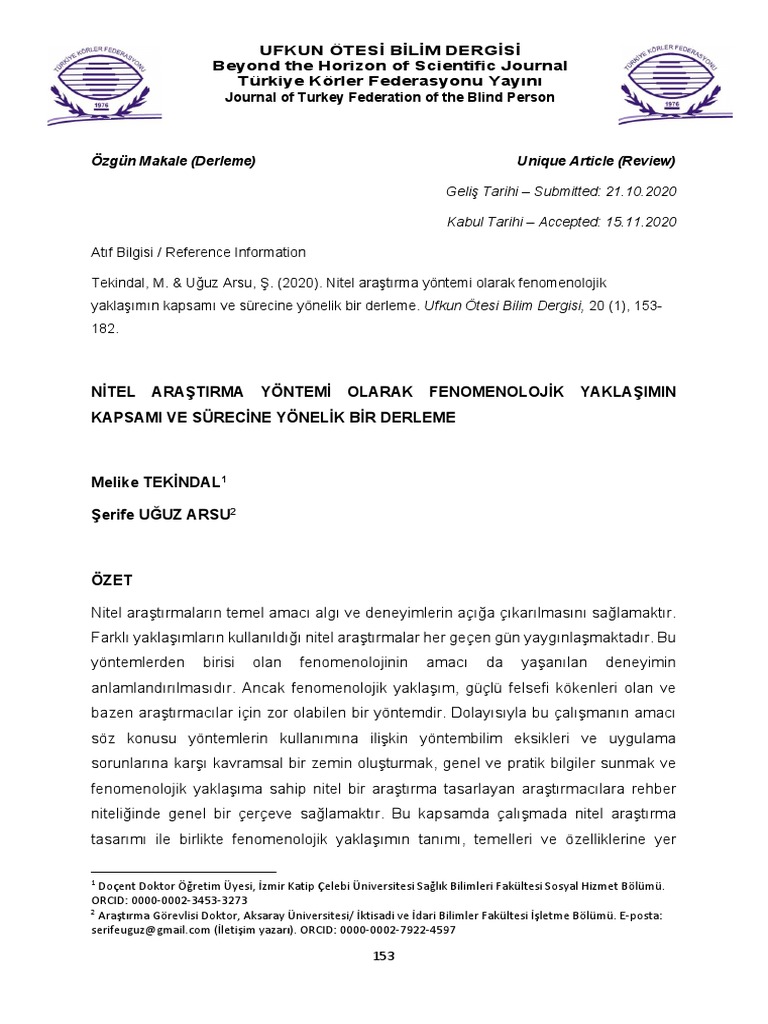 Nitel Ara T Rma Y Ntemi Olarak Fenomenolojik Yakla M N Kapsam Ve S Recine Y Nelik Bir Derleme ...