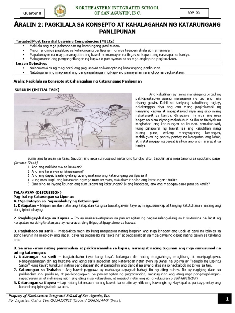 ARALIN 2 - EsP G9 (Quartrer II) PAGKILALA SA KONSEPTO AT KAHALAGAHAN NG KATARUNGANG PANLIPUNAN | PDF