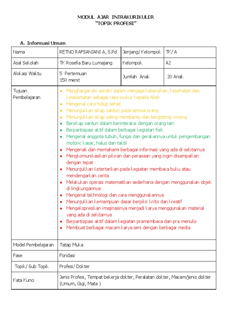 Modul Ajar Tema Profesi Dokter TK | PDF