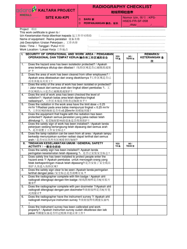 KPS-HSES-FR-SF-058 Form Radhiography Checklist （ID-CHN) - 射线照相检查表 | PDF