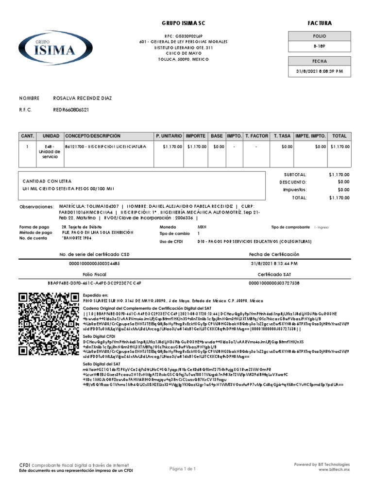 Factura ISIMA | PDF | Pagos