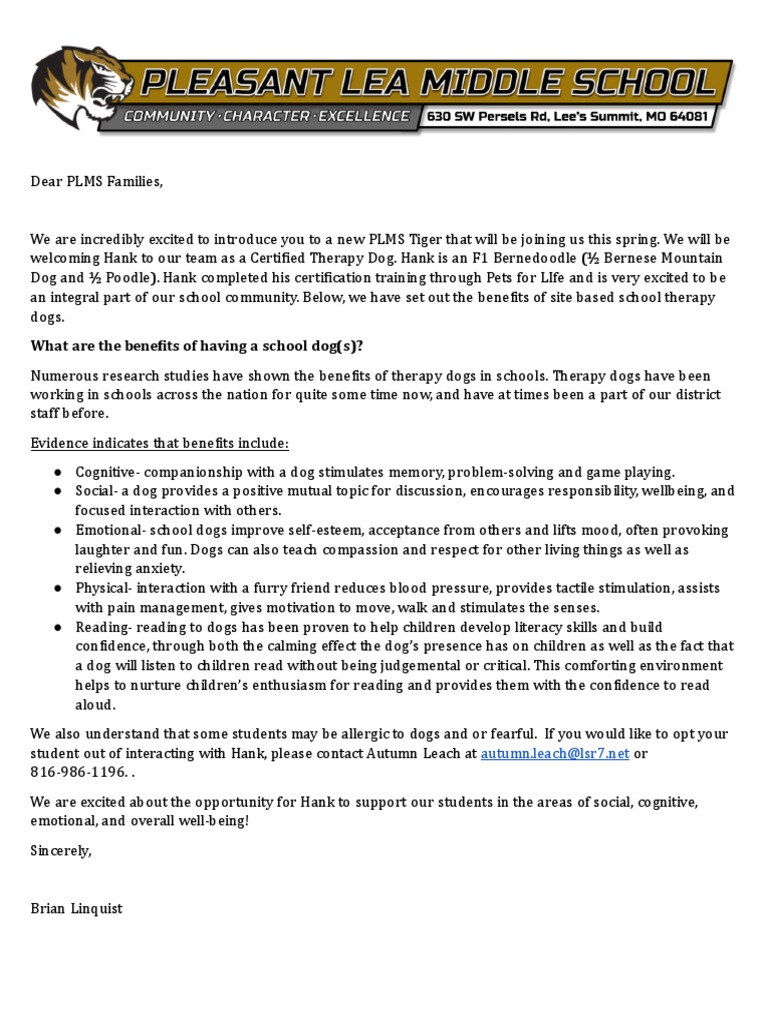 Therapy Dog Parent Letter - 2023 | PDF