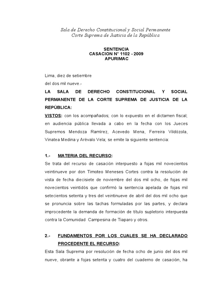 Casación #1102-2009, Apurimac | PDF | Propiedad | Sentencia (ley)