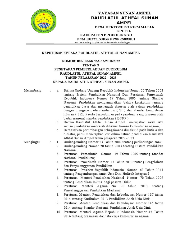 SK Penetapan Pemberlakuan Kurikulum | PDF