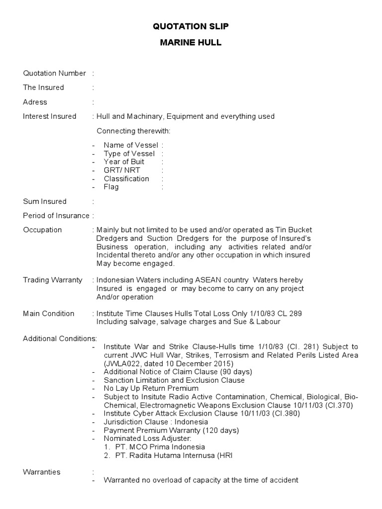 Marine Hull Insurance Quotation Slip | PDF | Technology & Engineering