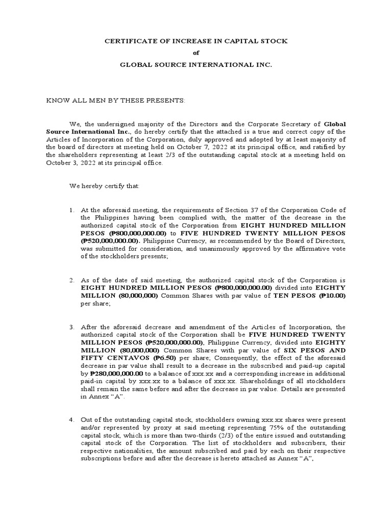 Certificate of Capital Stock Decrease | PDF